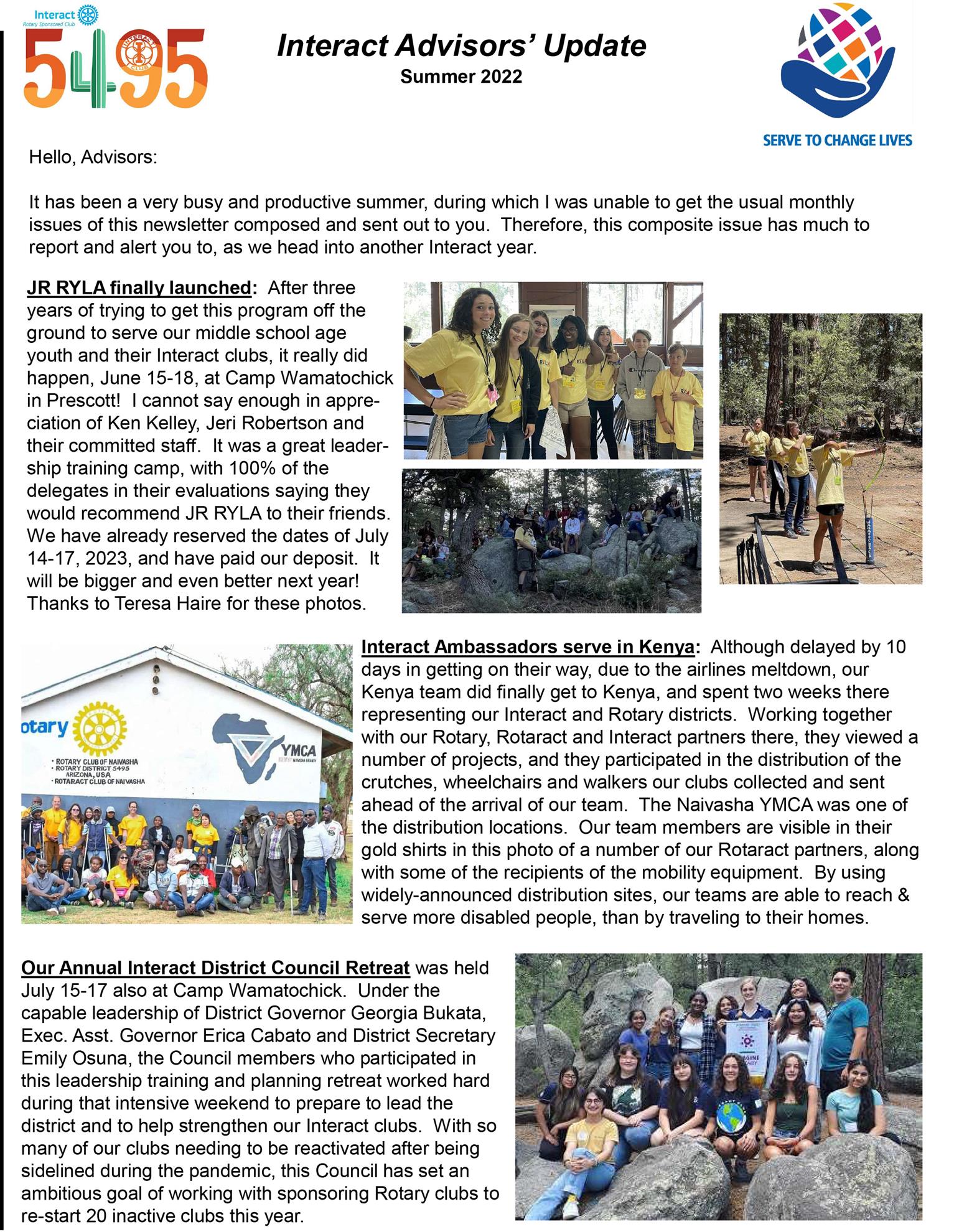 District 5495 Interact Newsletter -- Summer 2022 | District 5495