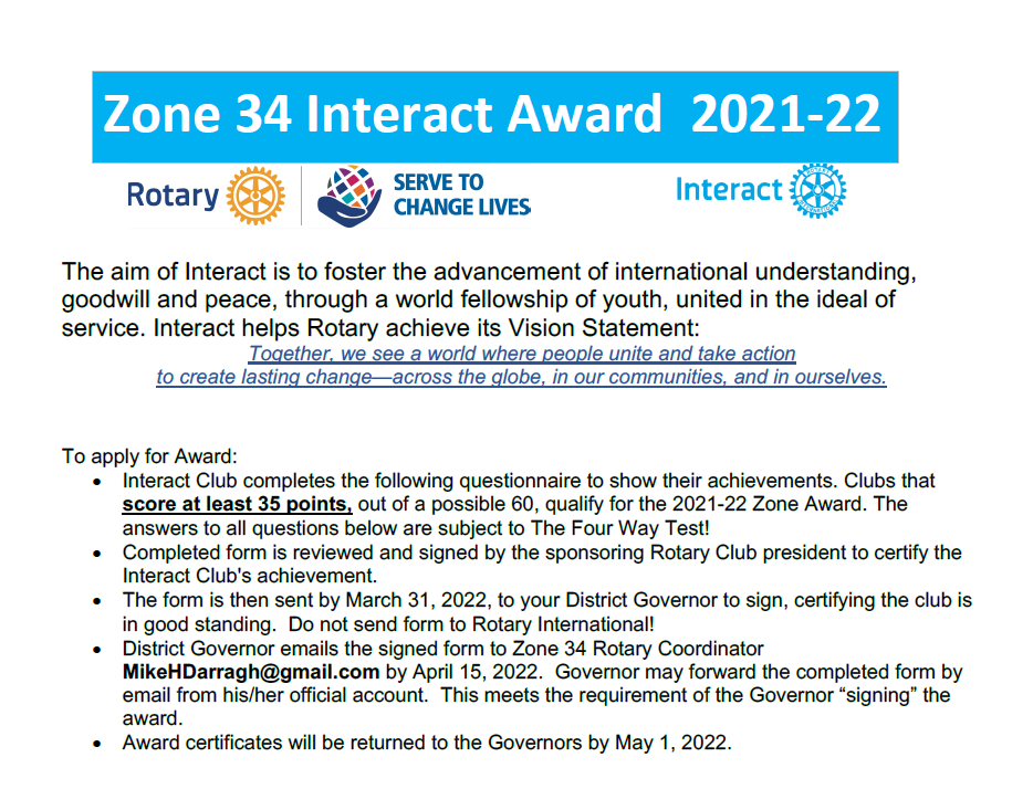 Zone 34 Interact Award 2021-2022 | District 7030