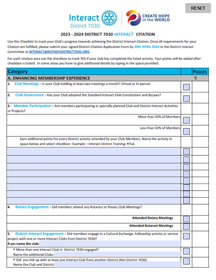 District 7030 Interact Citation 2023-2024 | District 7030