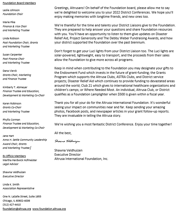 2022 Conf - Welcome Foundation | Altrusa International District Nine
